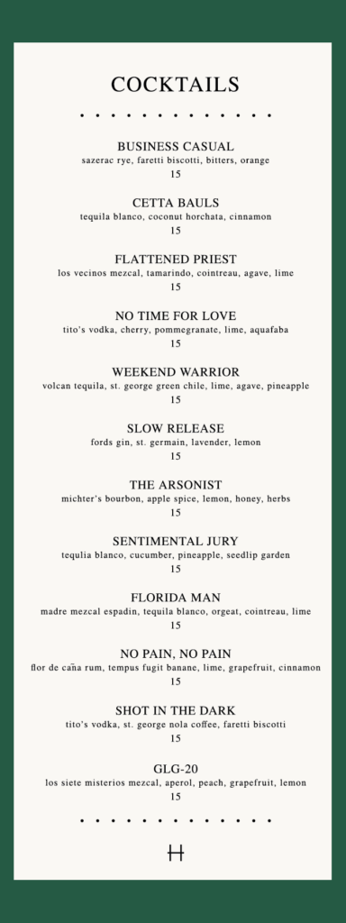 Cocktail Menu | Bar Henry l Echo Park