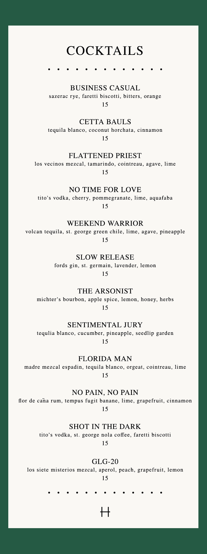 Cocktail Menu | Bar Henry l Echo Park