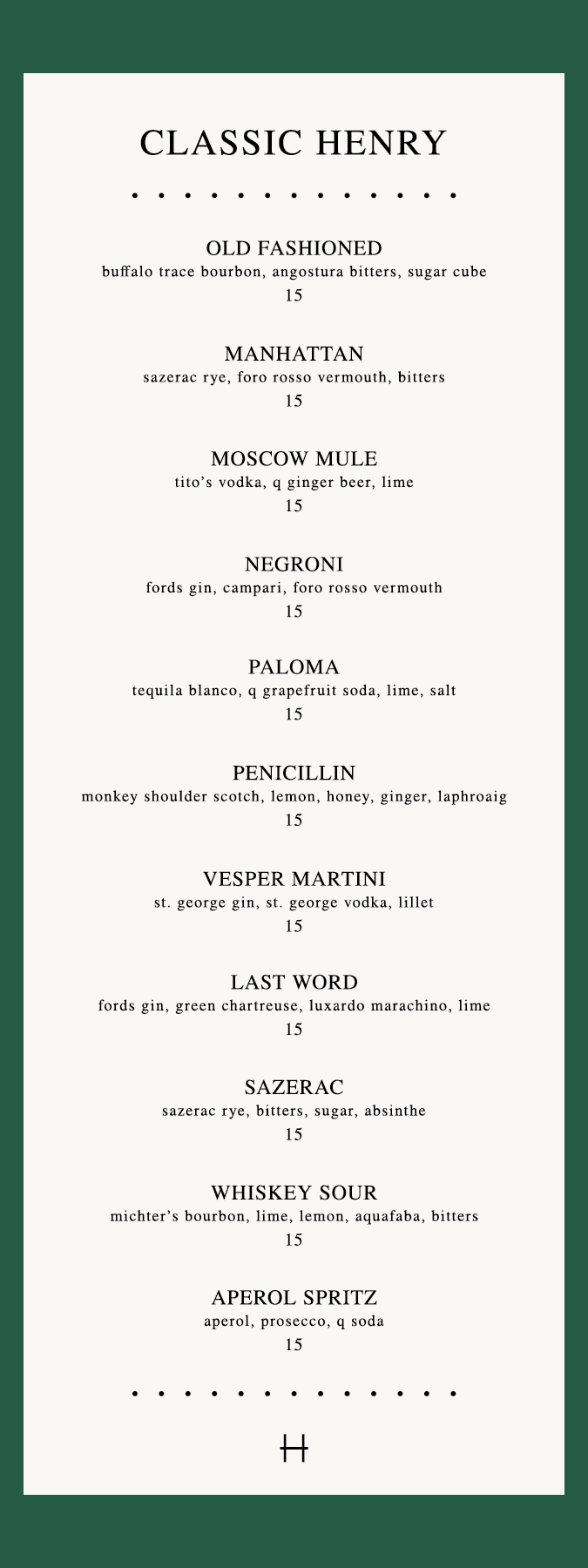 Cocktail Menu | Bar Henry l Echo Park