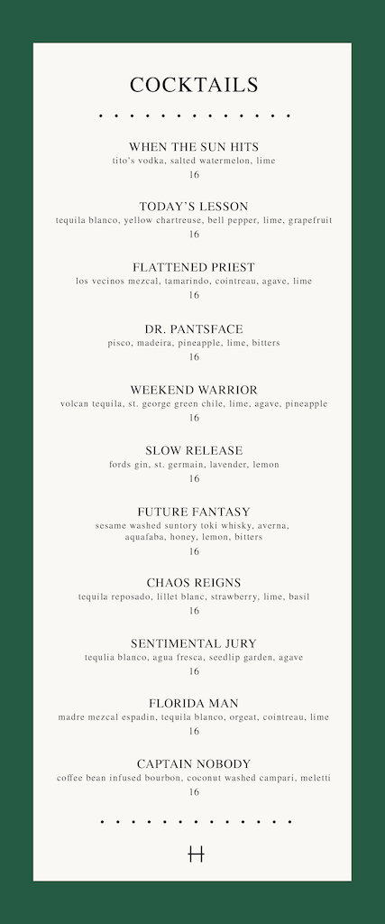 Cocktail Menu | Bar Henry l Echo Park
